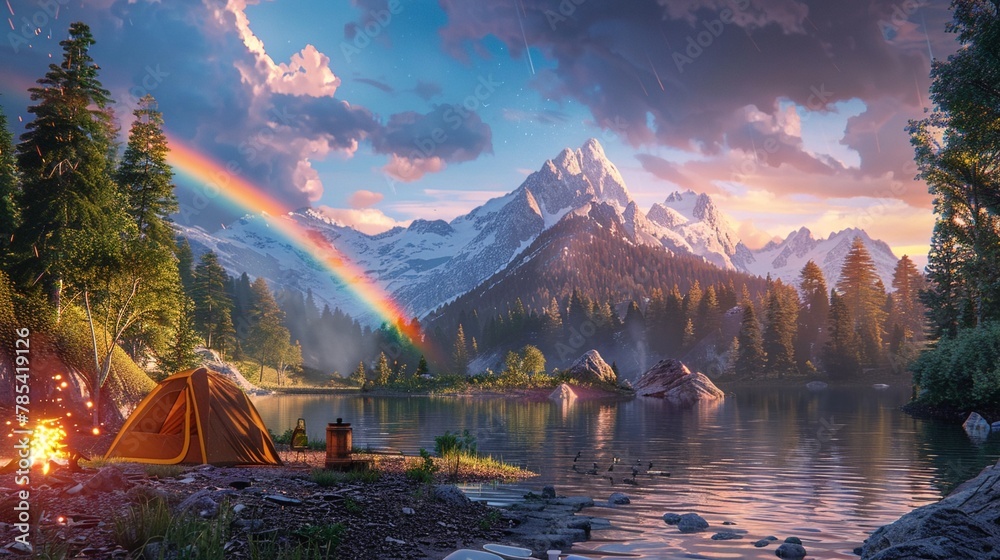 Kids camping and spotting a rainbow over the campsite, twilight hues ...