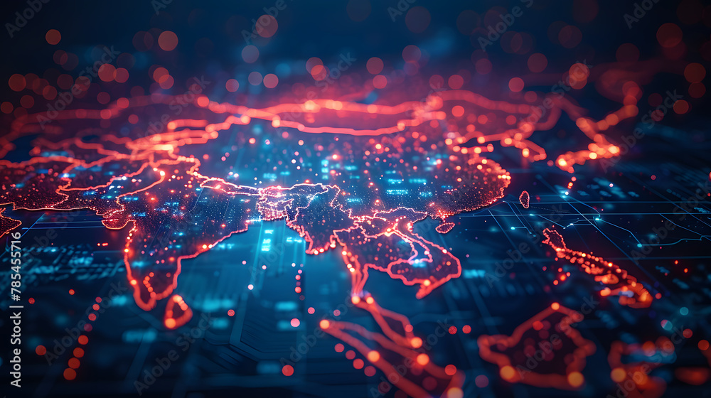 a detailed digital map of Asia showcasing glowing digital connections ...