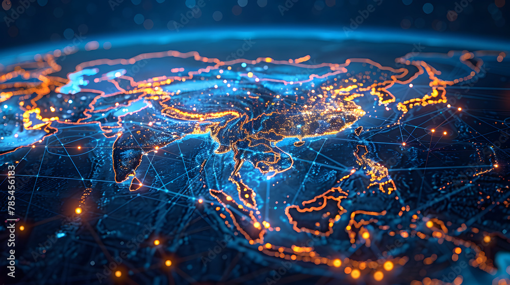 a detailed digital map of Asia showcasing glowing digital connections ...