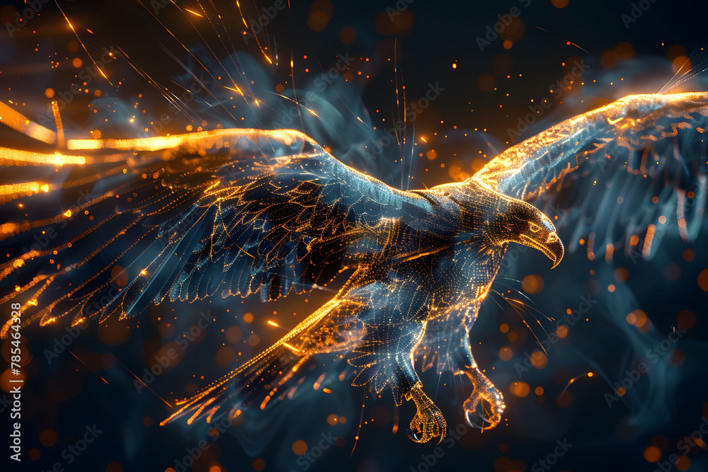 Fantasy Flying Eagle with particle effect Indigo and gold color tone ...