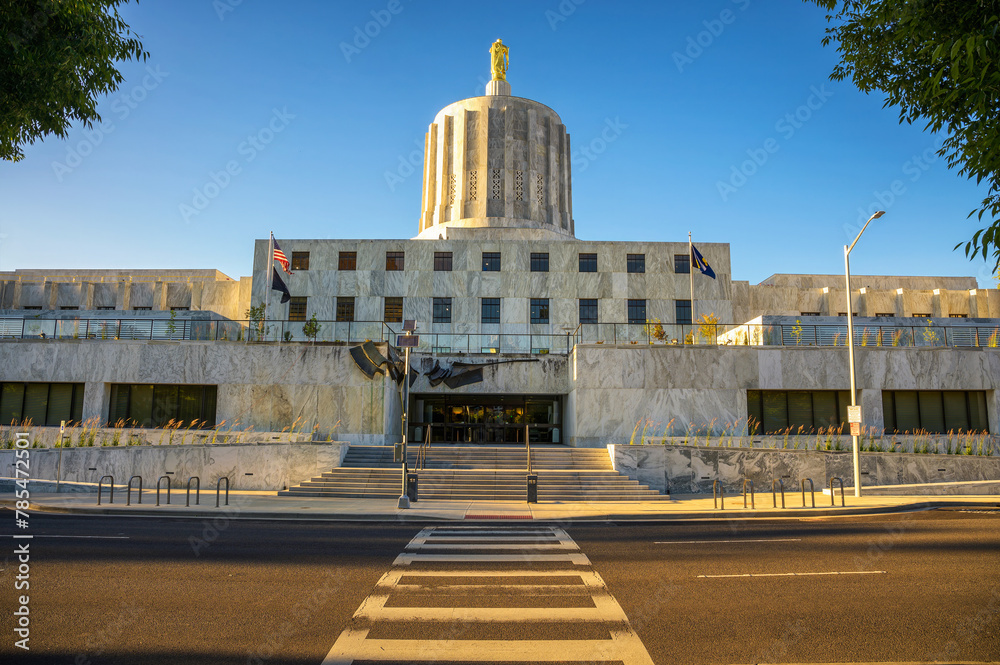 Oregon State Capitol in Salem with a clear blue sky. It is ...
