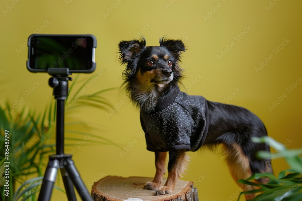 Dog influencer poses thoughtfully for the camera, with its image ...