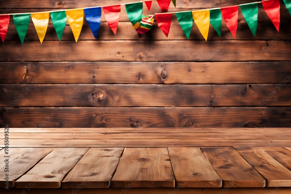 Empty wooden table with Mexican fiesta background in the background ...