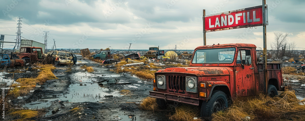 Rusty signage spelling LANDFILL towers over a pile of discarded ...
