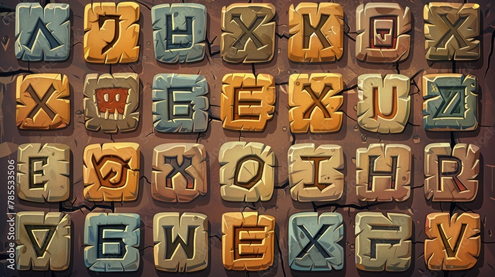 Isolated Viking stone rune alphabet for ui game cartoon modern set on ...
