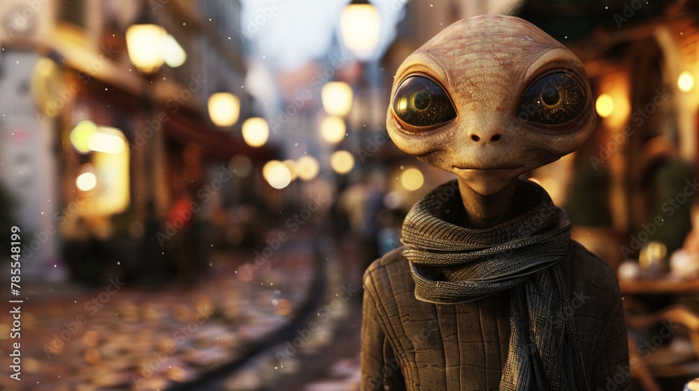 Cinematic image of an amicable alien strolling through the charming ...