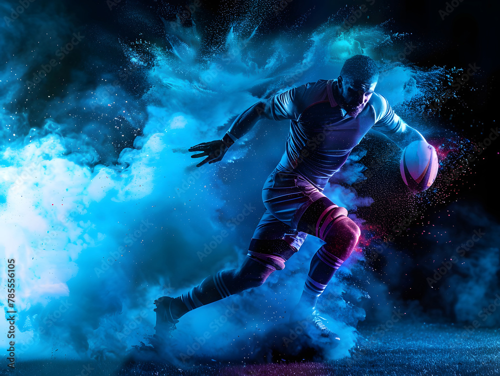 A rugby player runs with a ball through colored dust. AI generated ...