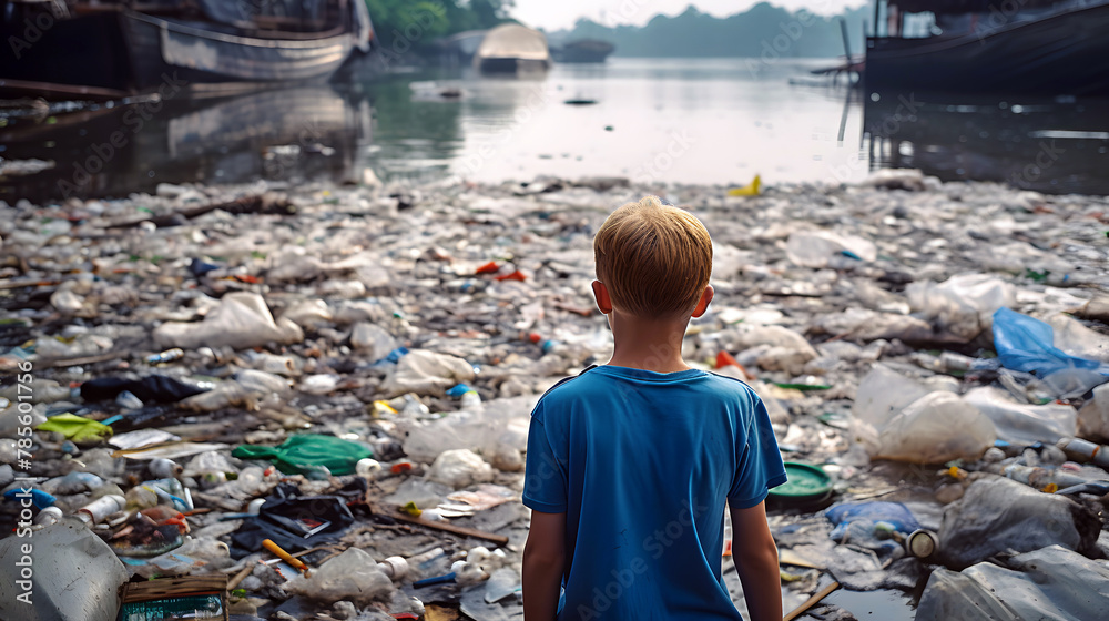 Child looking at lake covered in plastic rubbish, plastic pollution ...