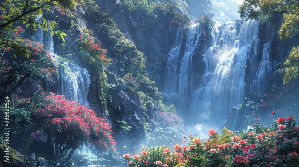 Vibrant tropical garden with cascading waterfalls amidst lush foliage ...