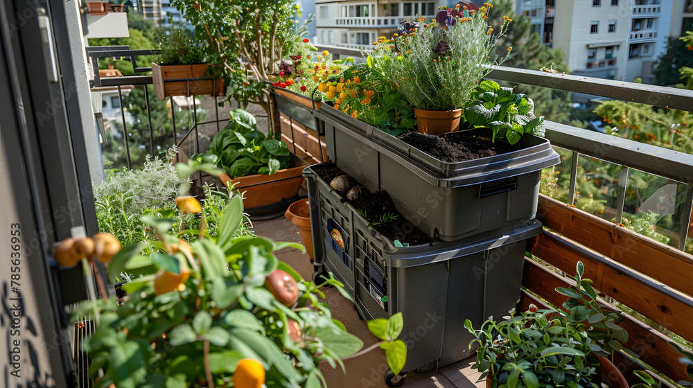 An eco-conscious balcony setup with composting bins for organic waste ...