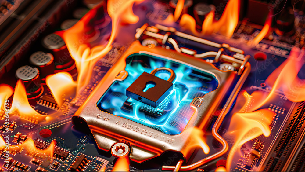 A graphic representation of a CPU chip locked with a padlock surrounded ...