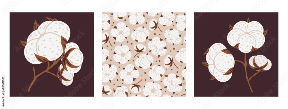 White cotton flowers cards. Hand drawn cotton buds posters, fluffy ...