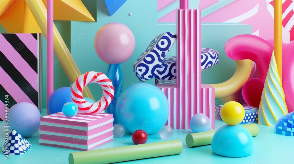 Quirky and colorful 3d composition of isolated elements in a retro ...