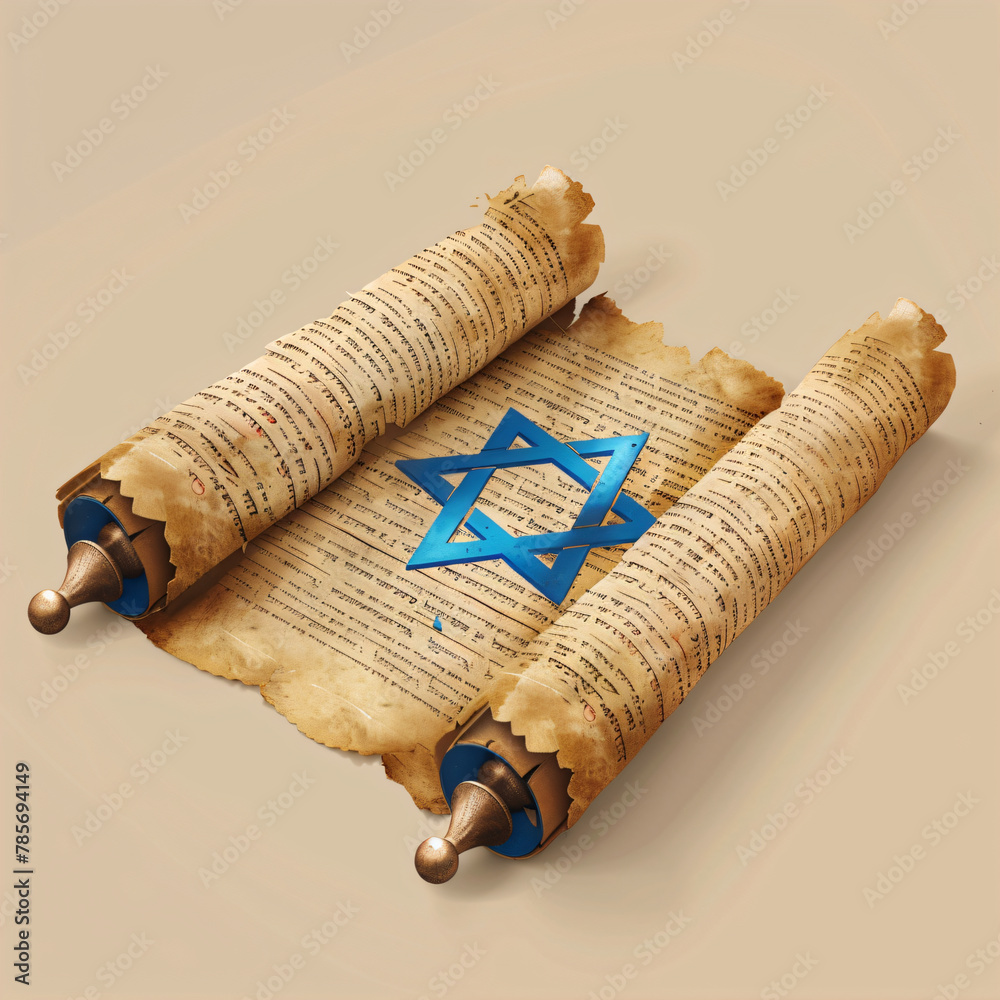 Old torah scroll with Star of David isolated on white background ...