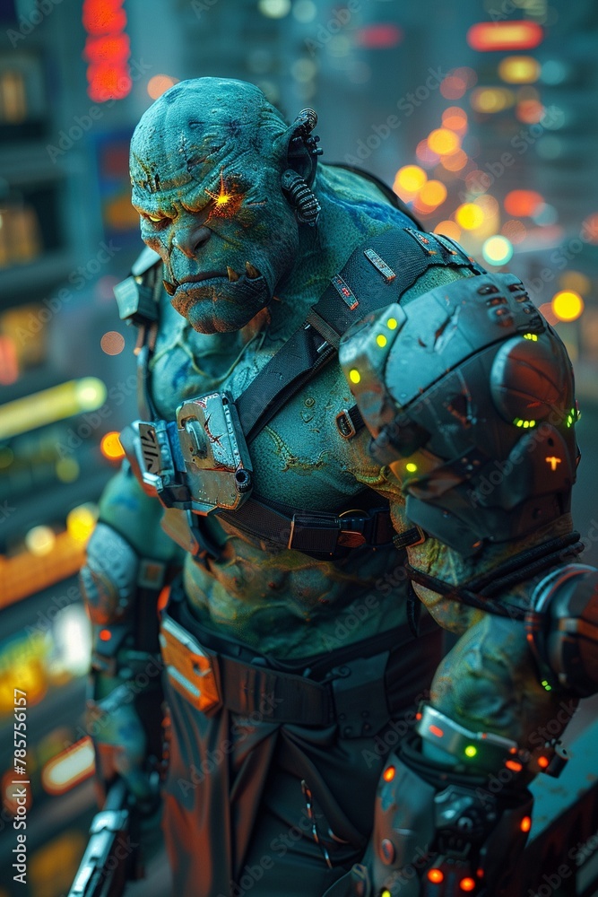 Illustration Stock 3D Render Cyberpunk Orc Battlehardened Orc with ...