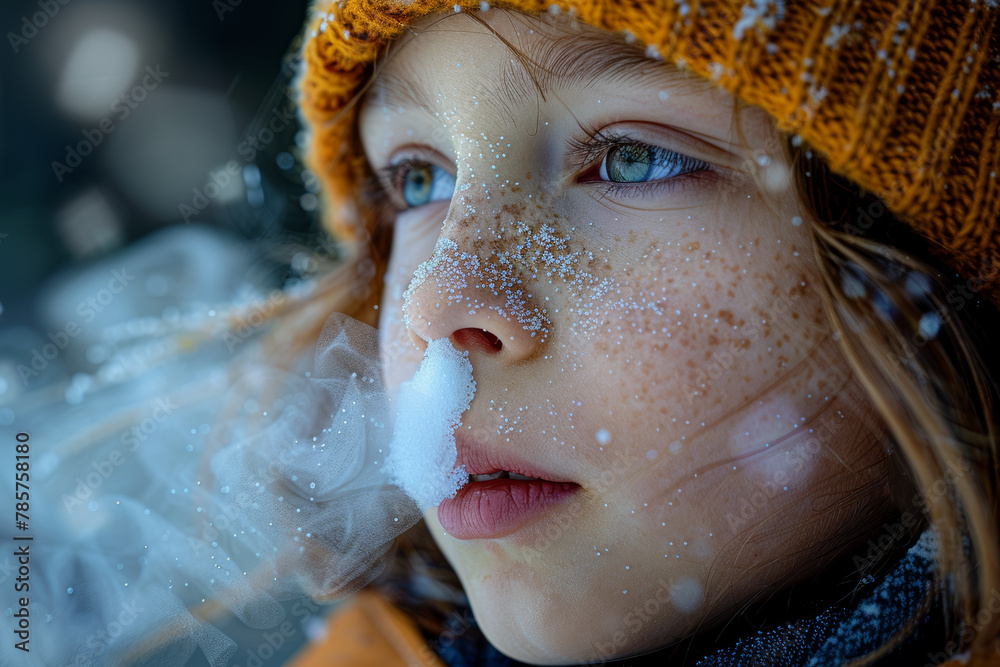 A child using a saline nasal spray to irrigate their nasal passages and ...