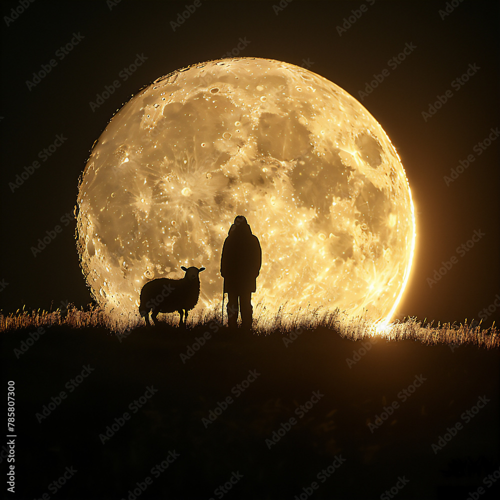 Silhouette a man shepherd with his sheep against giant moon at night ...