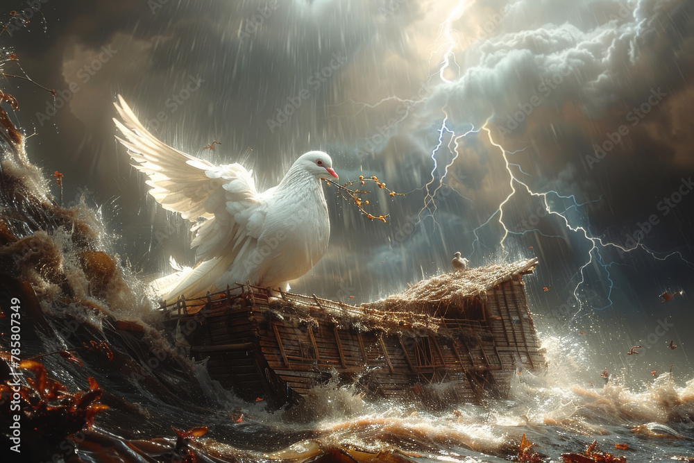 A white dove with an olive branch in its mouth. Noah's Ark, a violent ...