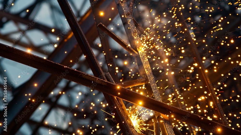 Steel welding, truss structure, close up, the bright glow of the ...