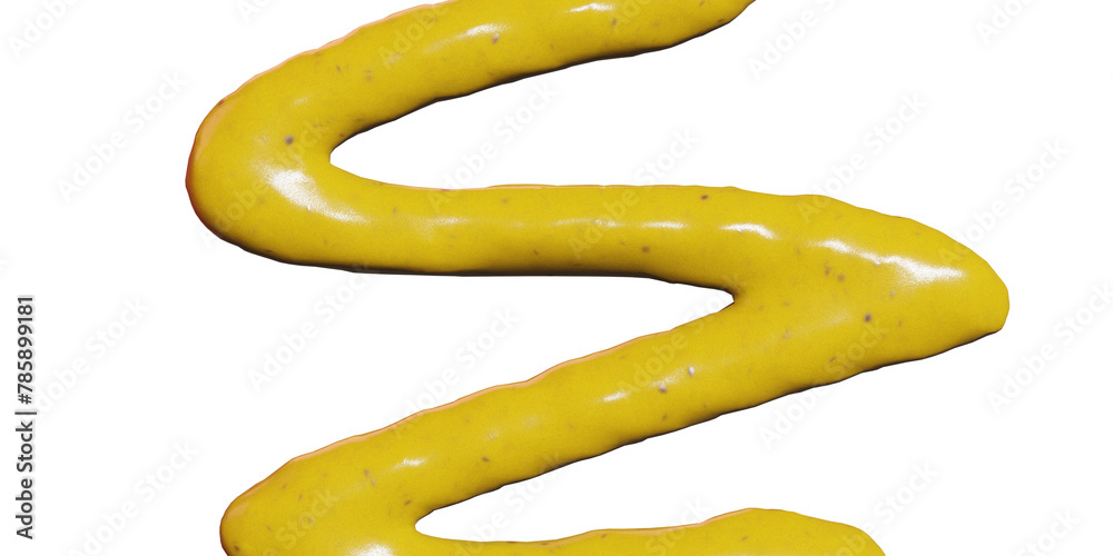 3d render of top view mustard sauce topping spill on transparent ...