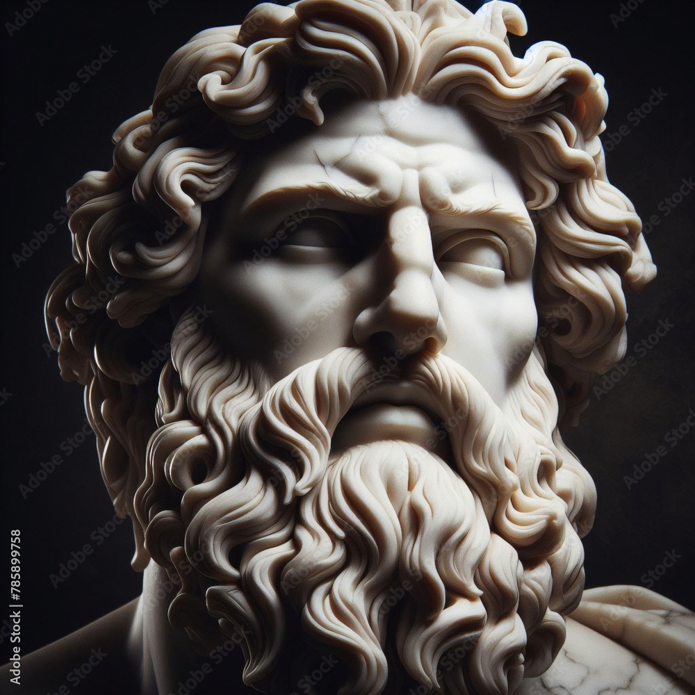 Handsome marble statue of powerful greek god Zeus over dark background ...