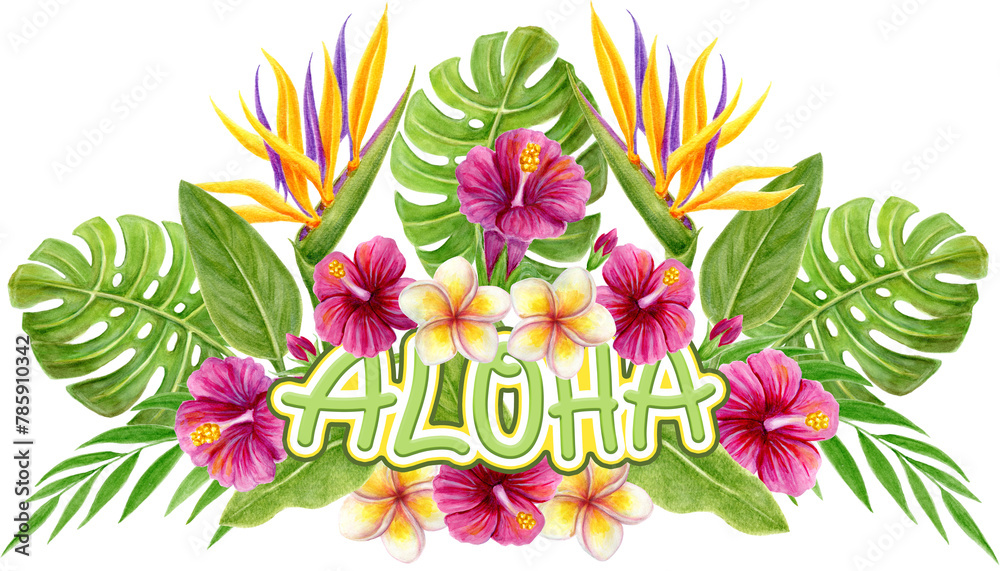 Aloha Hawaii greeting. Tropical greenery bouquet. Hand drawn watercolor ...