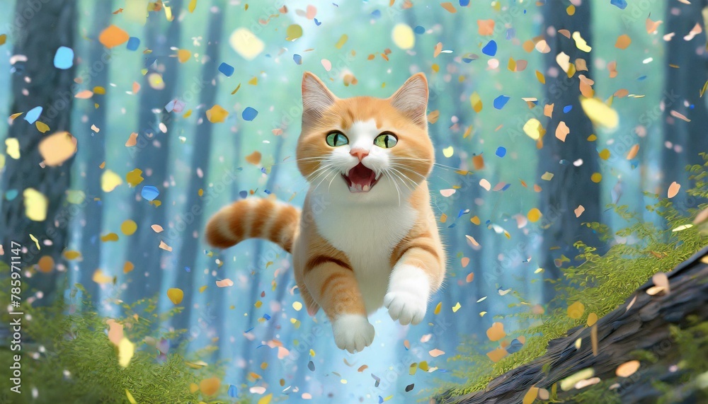 Happy cute cat flying through the forest with confetti falling, soft ...
