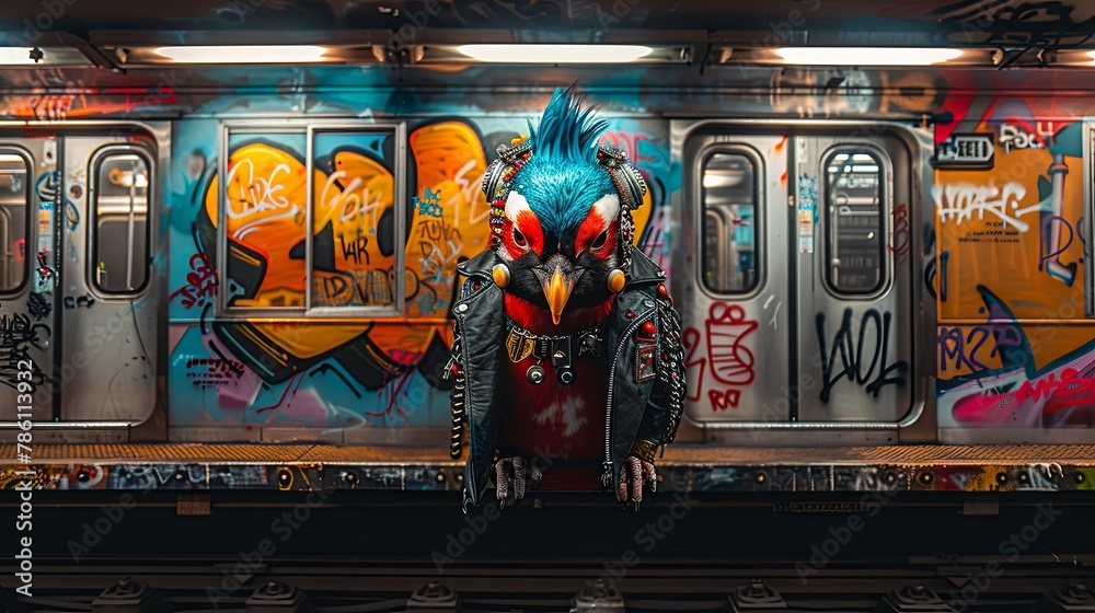 Penguin with a punk look in a leather jacket and vibrant hair on a ...