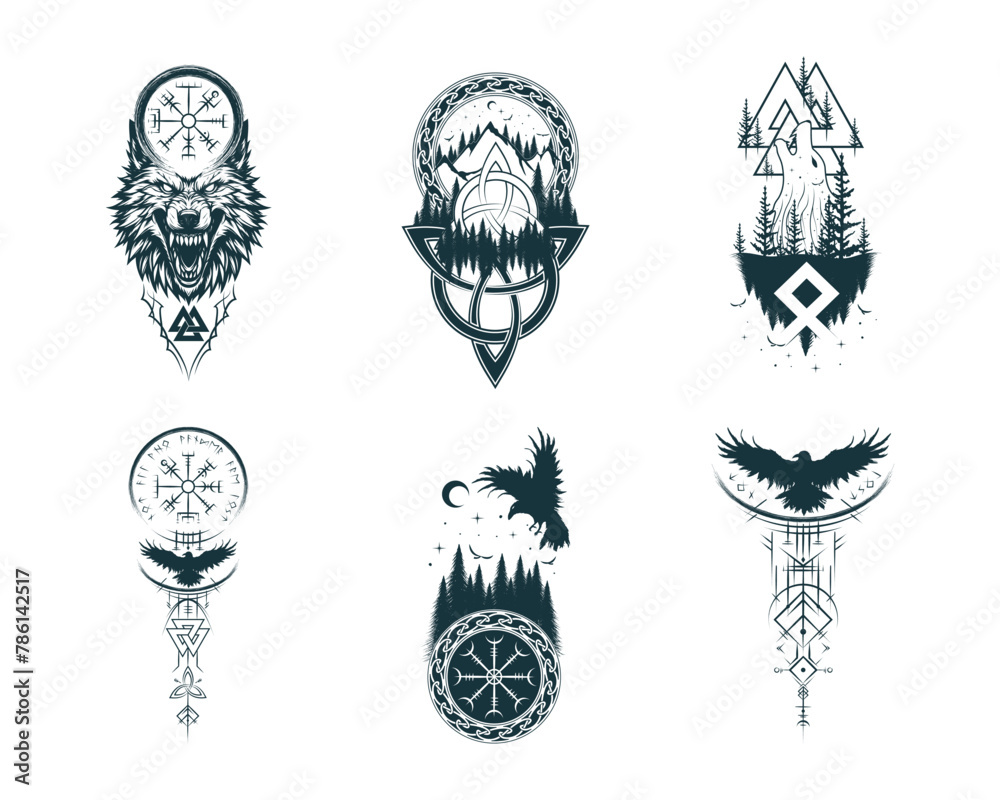Six Scandinavian vector illustrations with Viking symbols and runes ...