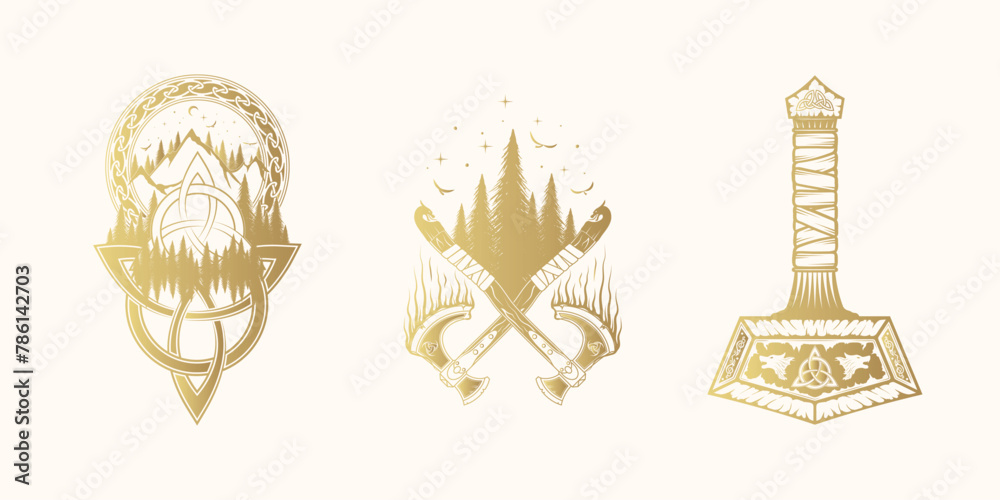 Golden Scandinavian vector illustrations with Viking symbols & runes ...