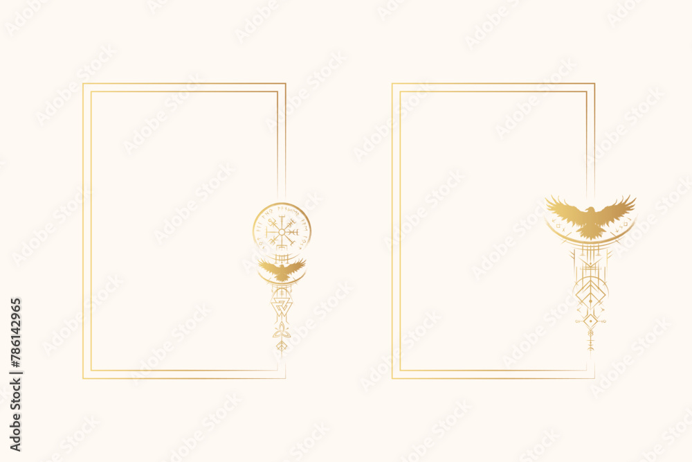 Two golden rectangular frames with pagan Viking symbols vegvisir and ...