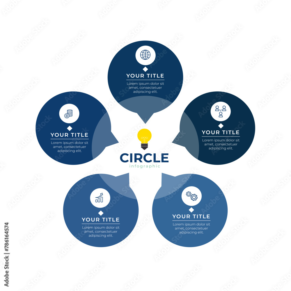 Circle pie chart divided into 5 colorful sectors. Concept of five features of startup project to ...