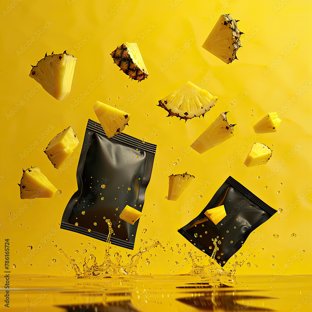 apple juice splash with black blank packaging pouches for mockup Stock ...