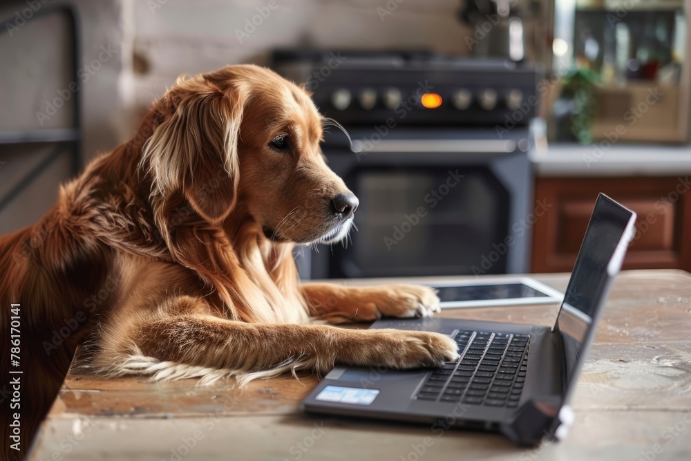 Dog sitting at a desk in front of a grey laptop. His paws are touching ...