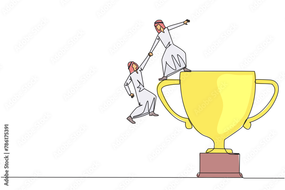 Continuous one line drawing Arab businessman helps colleague climb big ...