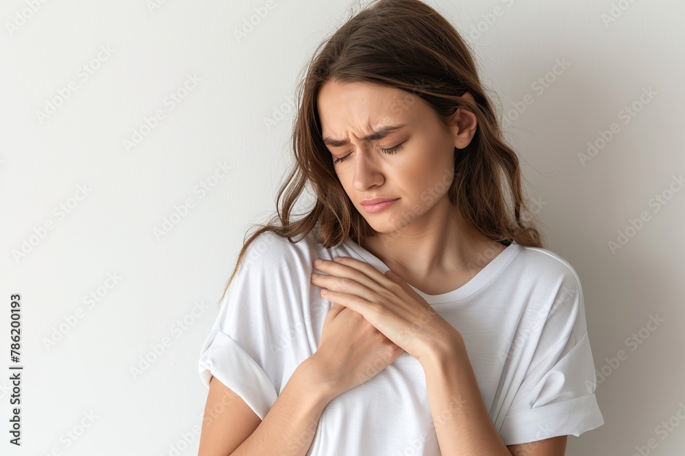 Woman with pain in shoulder, upper arm. Human body health problem ...