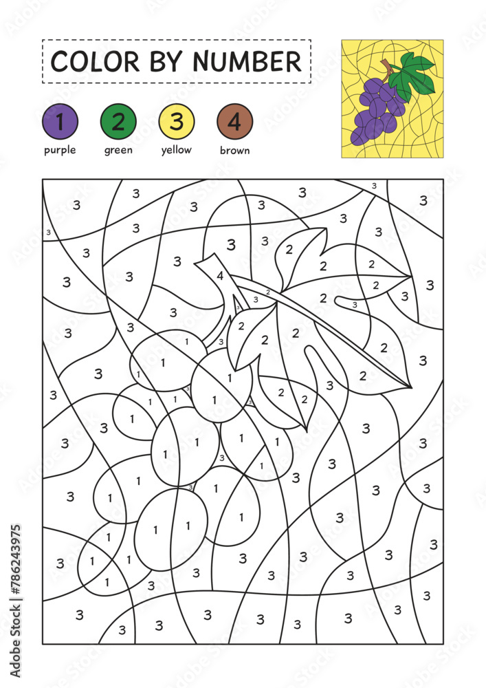 Coloring page with a picture of grapes to color by numbers. Puzzle game ...