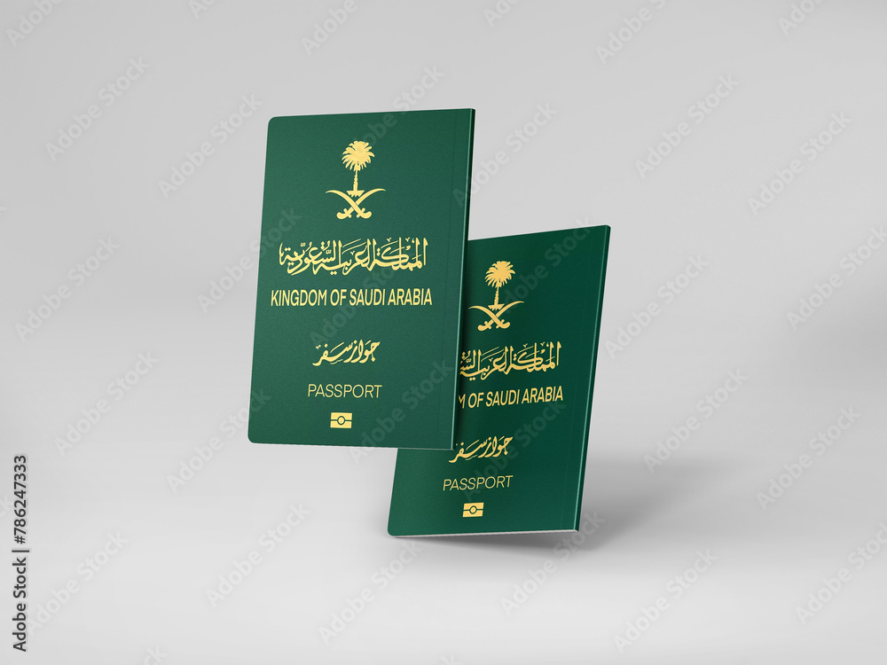 Saudi Arabia passport floats in the air on a wooden table ...