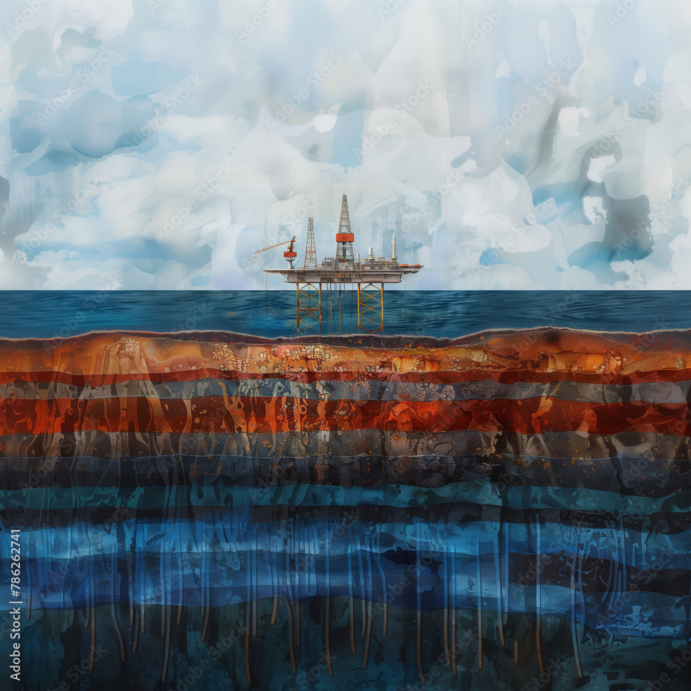 oil platform at sea with a cross section of rock strata layers ...