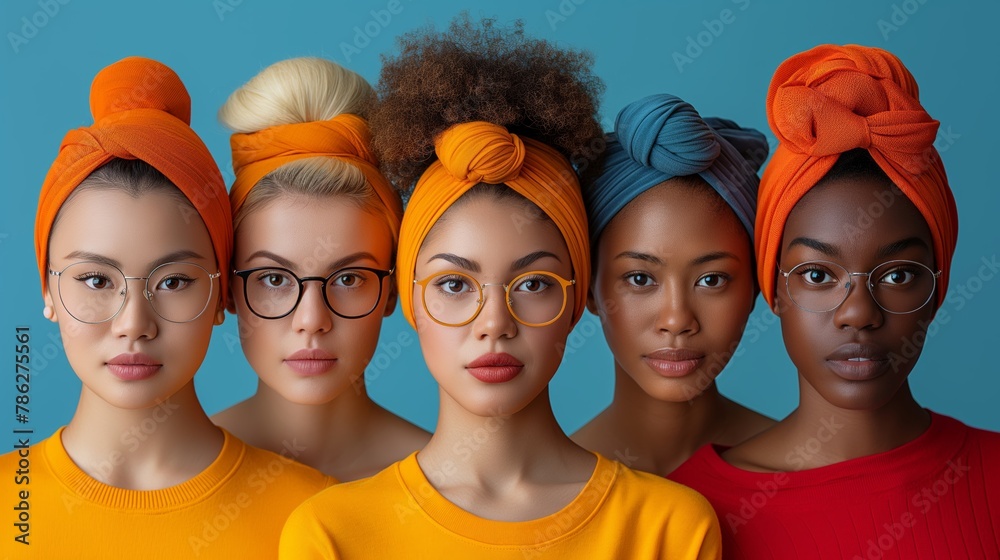 Beautiful young women of diverse ethnic origins standing against blue ...