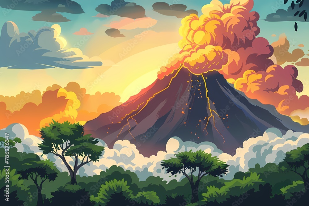 Volcano Illustration, Cartoon background Stock Illustration | Adobe Stock