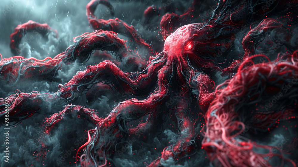 A detailed digital artwork of a red, glowing-eyed creature with ...