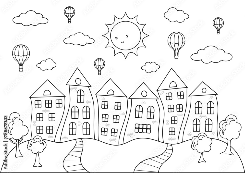 Coloring page with row of houses, sun and aerostats in the sky. Cartoon ...