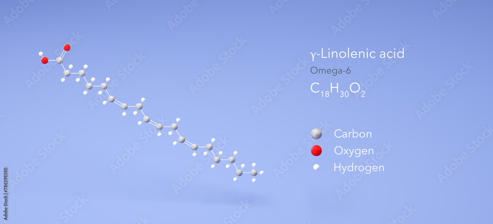 gamma-linolenic acid molecule, molecular structures, omega-6, 3d model ...