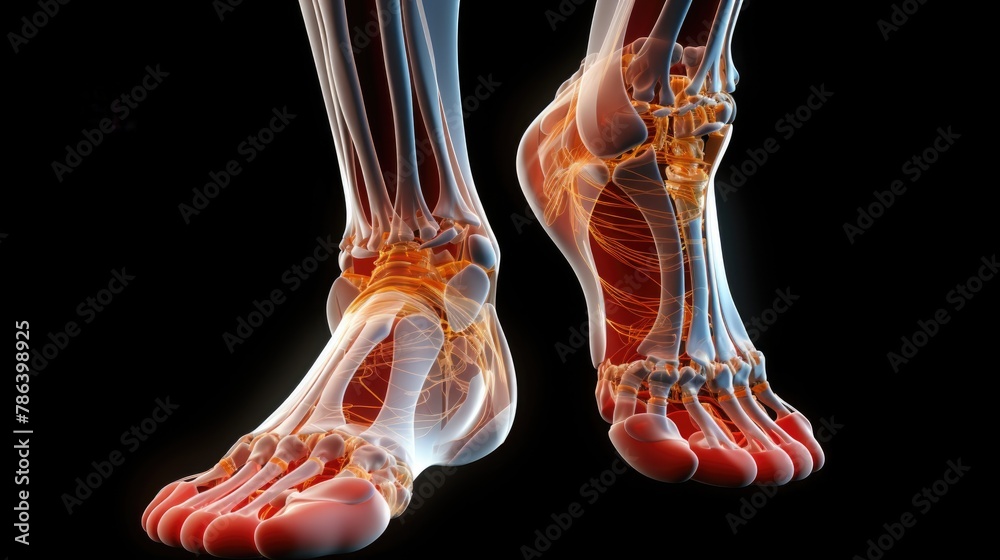 3D illustration of the human foot, detailing bones, joints, and muscles ...