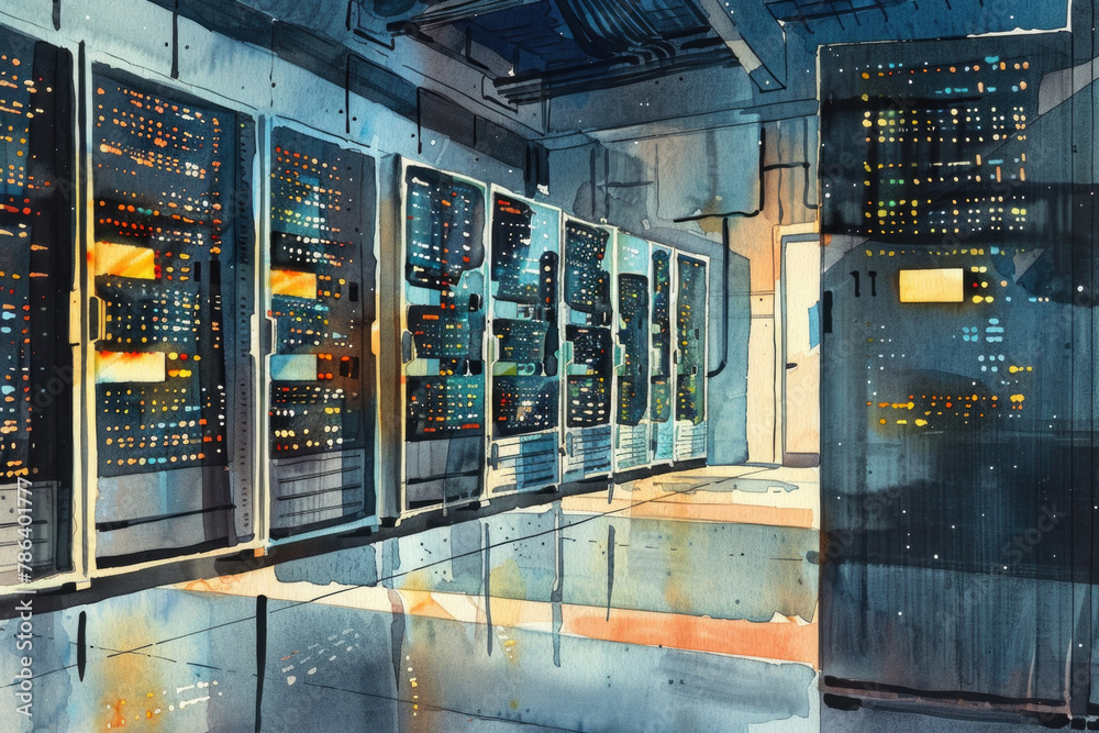A stylized representation of a modern data center filled with high-tech ...
