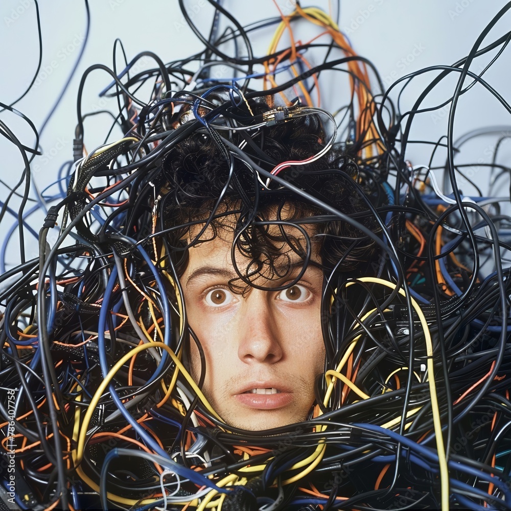 Meme featuring a confused person surrounded by tangled wires, with the ...
