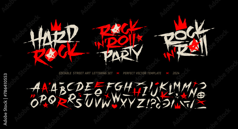 Vetor Rock'n'roll Party grunge font type alphabet with signs and ...