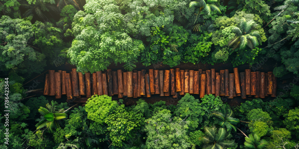 Aerial view of wooden logs stacked in the middle of rainforest, tree ...