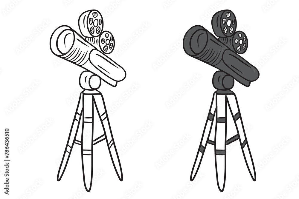 Camera for movies recording standing on tripod in black isolated on ...